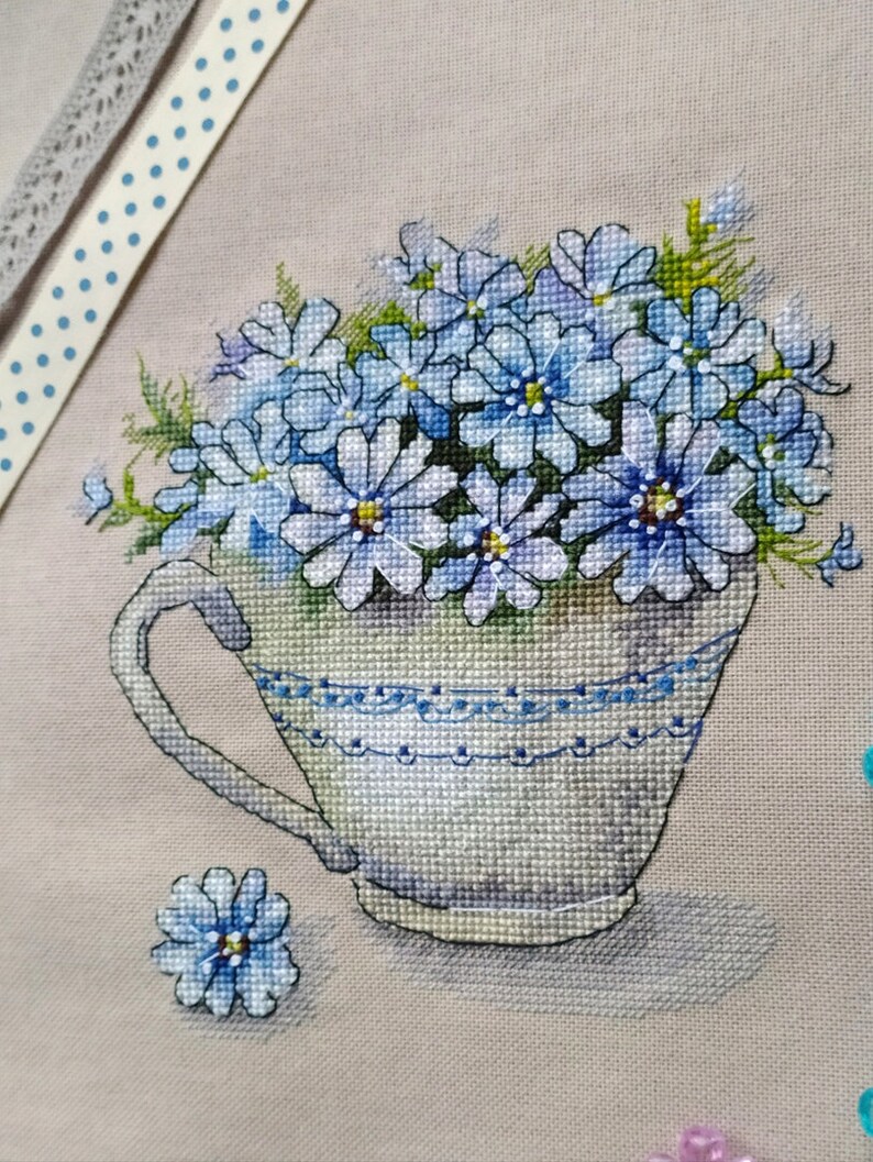Blue Flowers in Cup Cross Stitch Pattern: Floral Embroidery (PDF ...