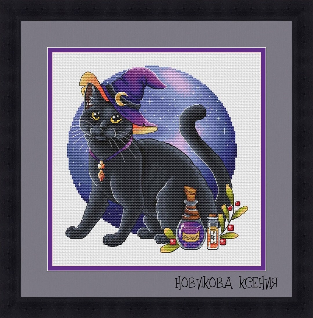Witch Cat Cross Stitch Pattern Black Cat Pattern Magic Cross Stitch ...