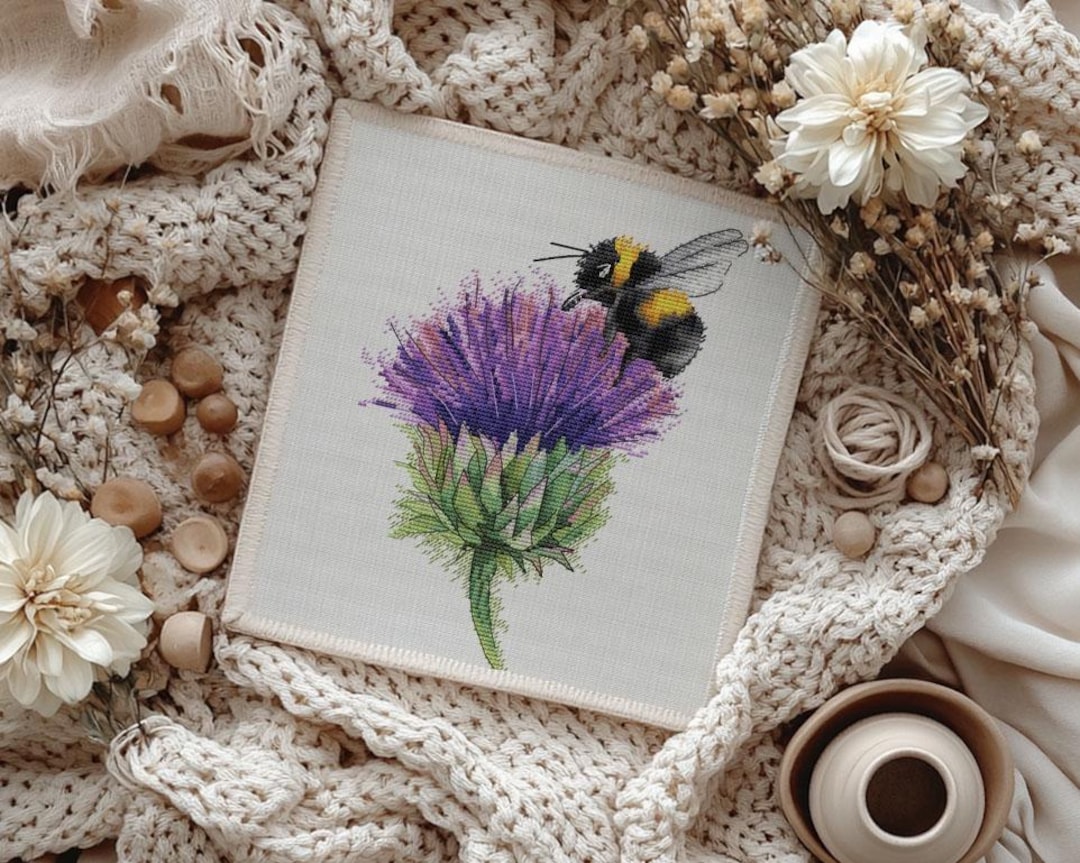 Thistle Cross Stitch Pattern Bumblebee Embroidery Thistle Flowers ...