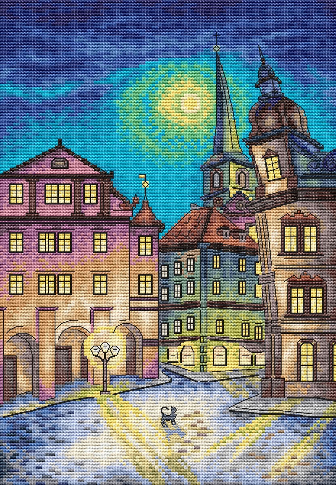 Old Town Cross Stitch Pattern City Pattern Cityscape Embroidery Night ...