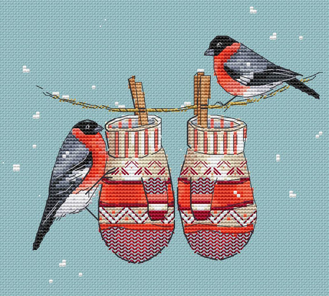 Birds and Mittens Cross Stitch Pattern: Winter Bullfinch (PDF Pattern ...