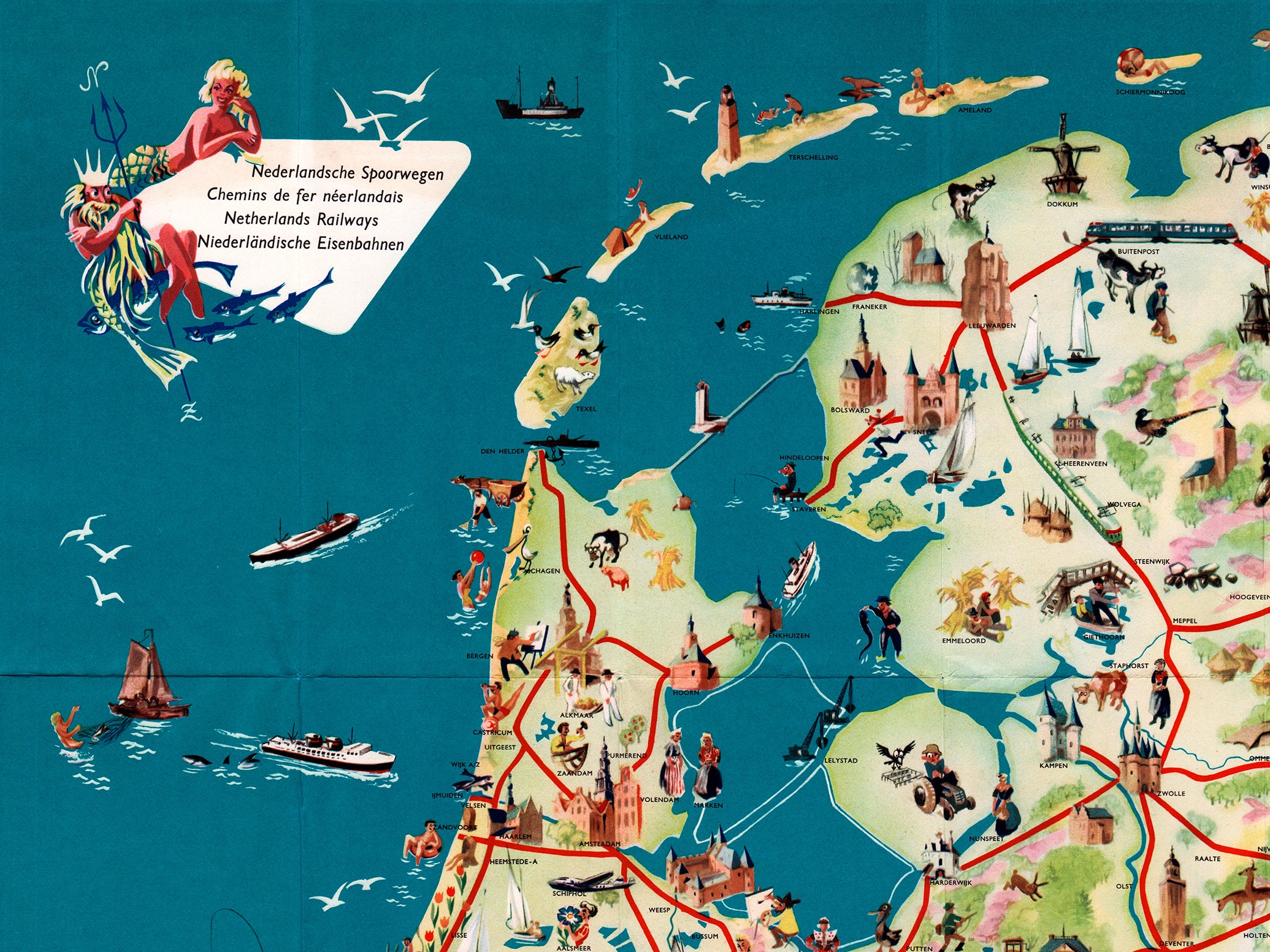 The Netherlands Map Art, Vintage Map of Railways in Holland, Dutch ...