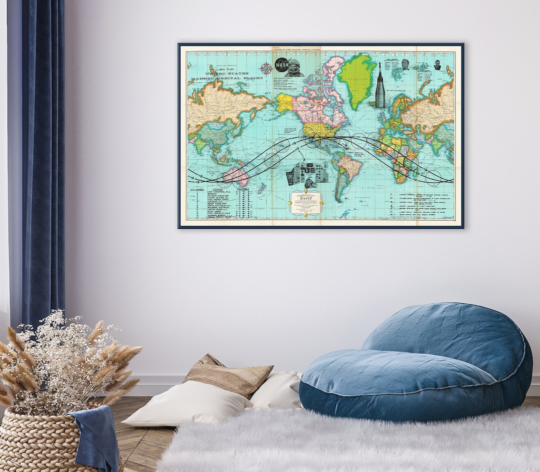 John Glenn Friendship 7 Flight Map Print: 1962 Mercury-atlas 6 Mission ...