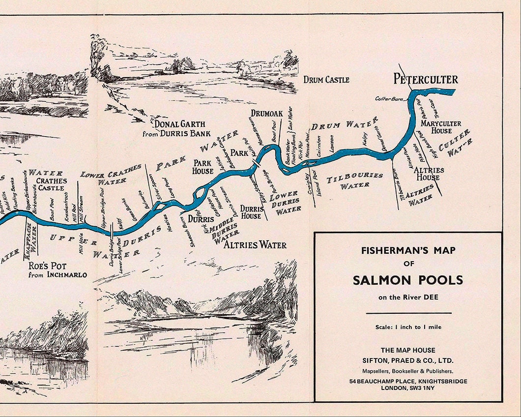 Vintage Fisherman's Map of Salmon Pools on the River Dee, Scotland. - Etsy