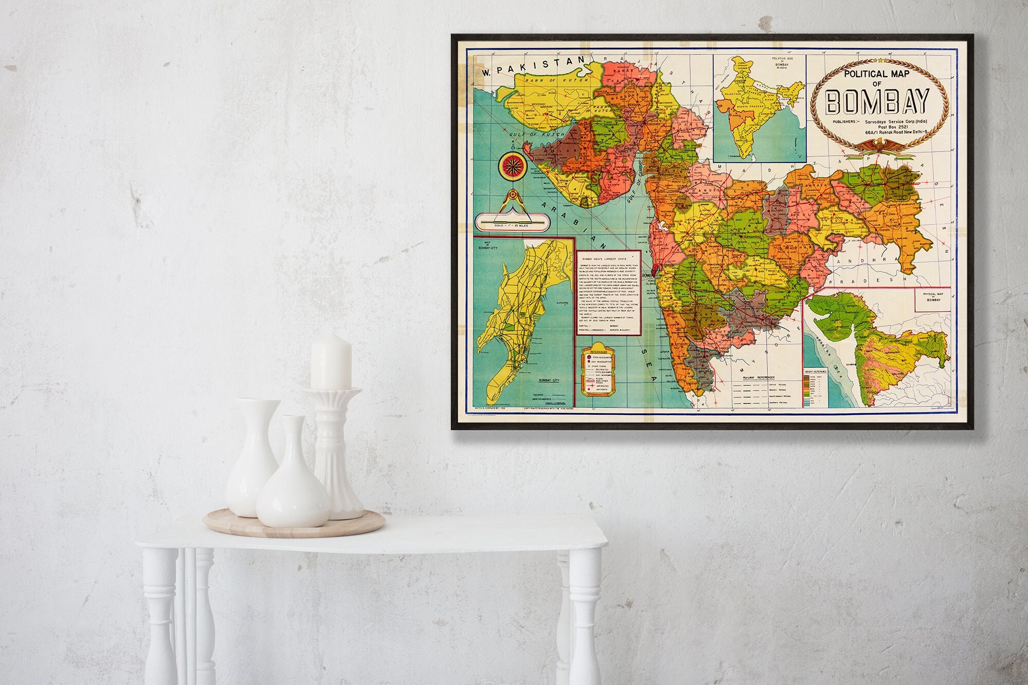 Political Map of Bombay, Old Bombay Print, Old Mumbai Map, Bombay Wall ...