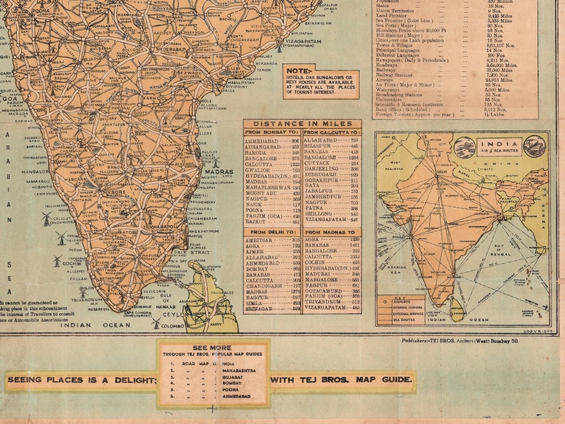 Vintage Tourist Road Map of India, Seeing India Made Easy Through This ...
