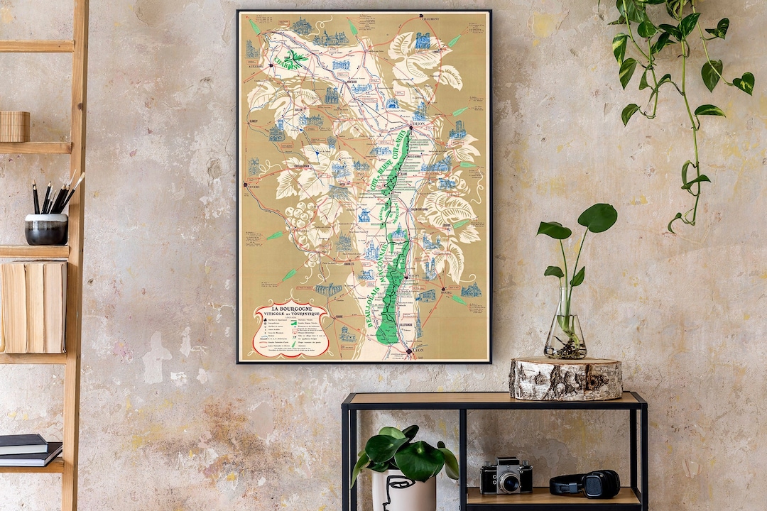 Burgundy Wine Map, Vintage Wine Map of the Burgundy Region, Wine Tour ...