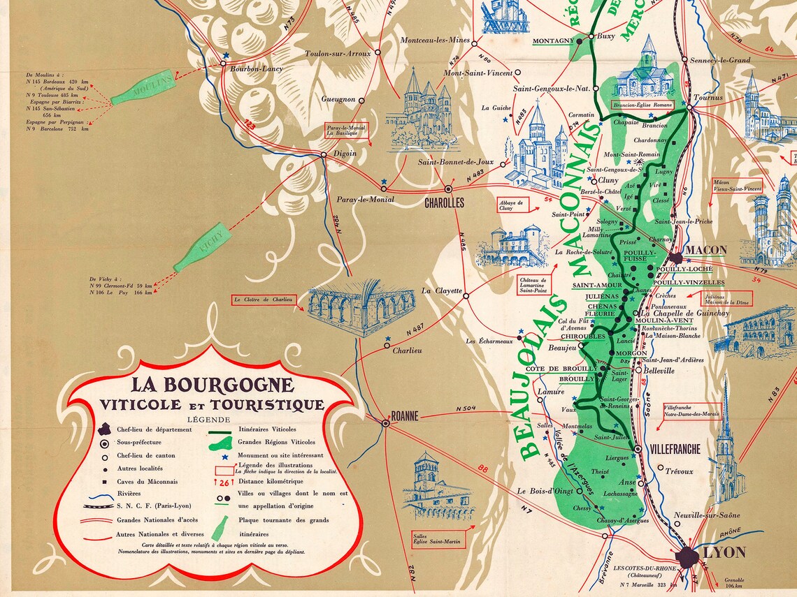 Burgundy Wine Region Map: French Wine Tour Routes Art Print - Etsy