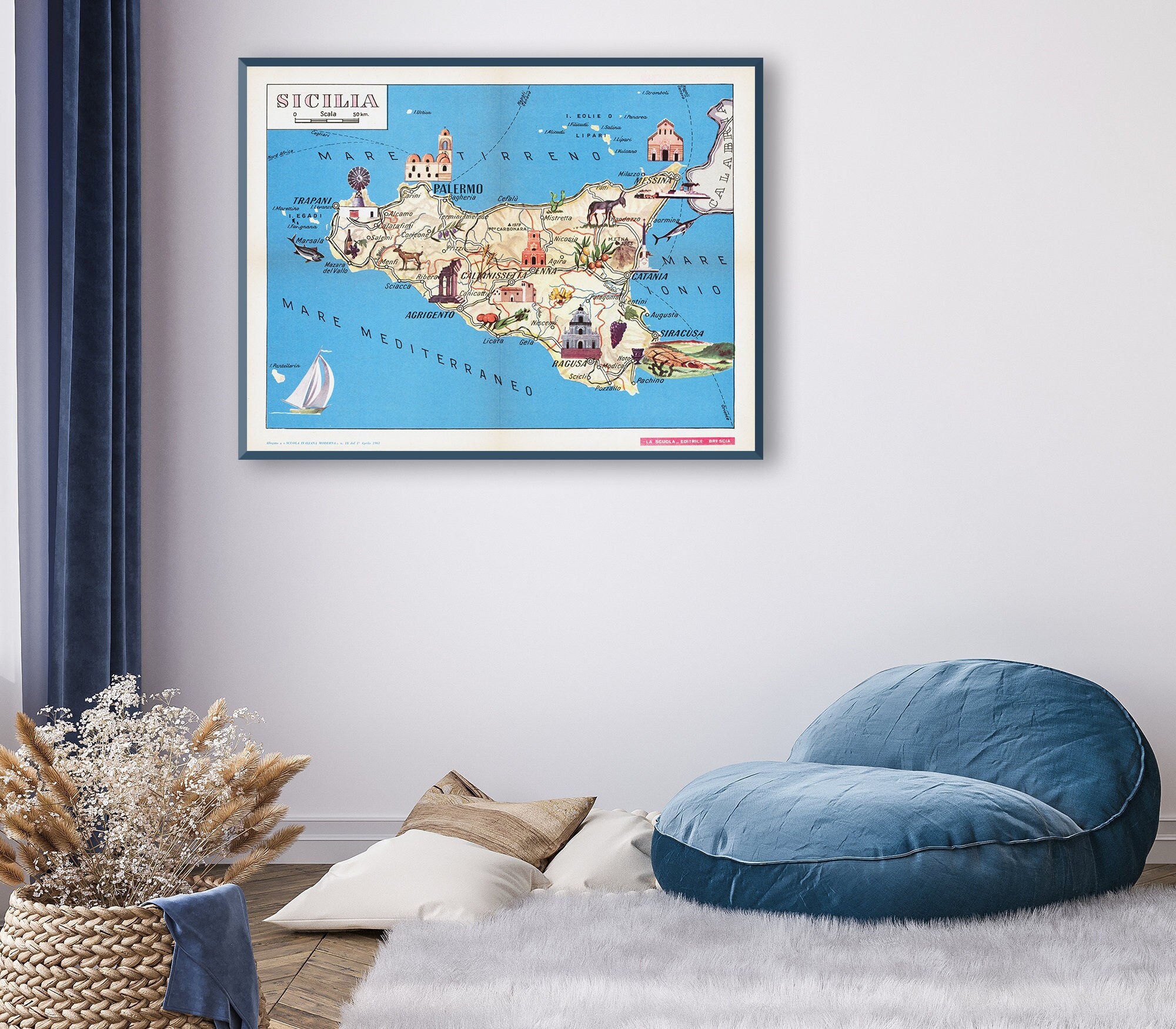 Vintage Sicily Map Art Pictorial Map of Sicily Sicily Wall - Etsy