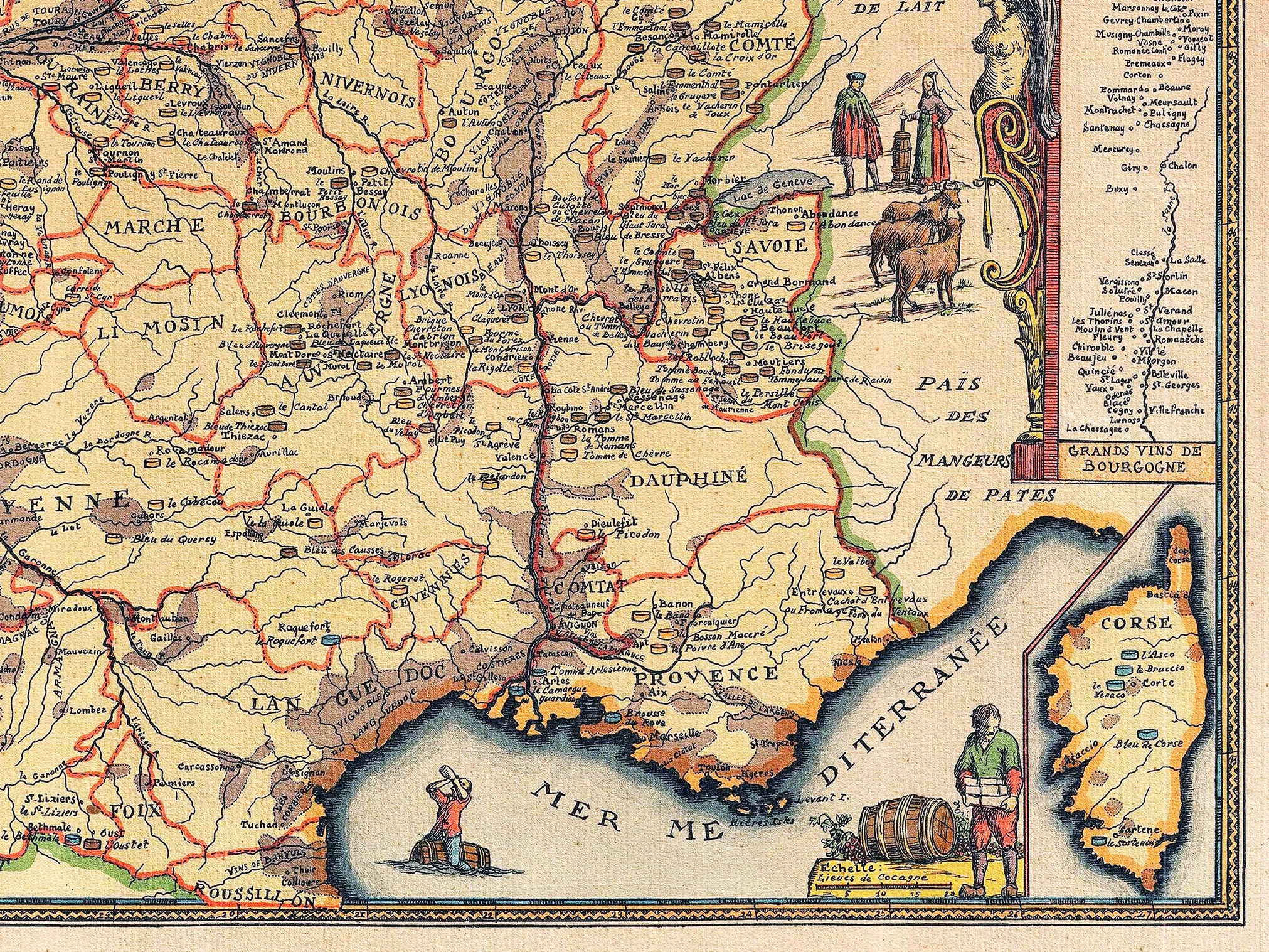 Vintage Map of Cheese Makers and Wineries in France, Cheese Guide ...