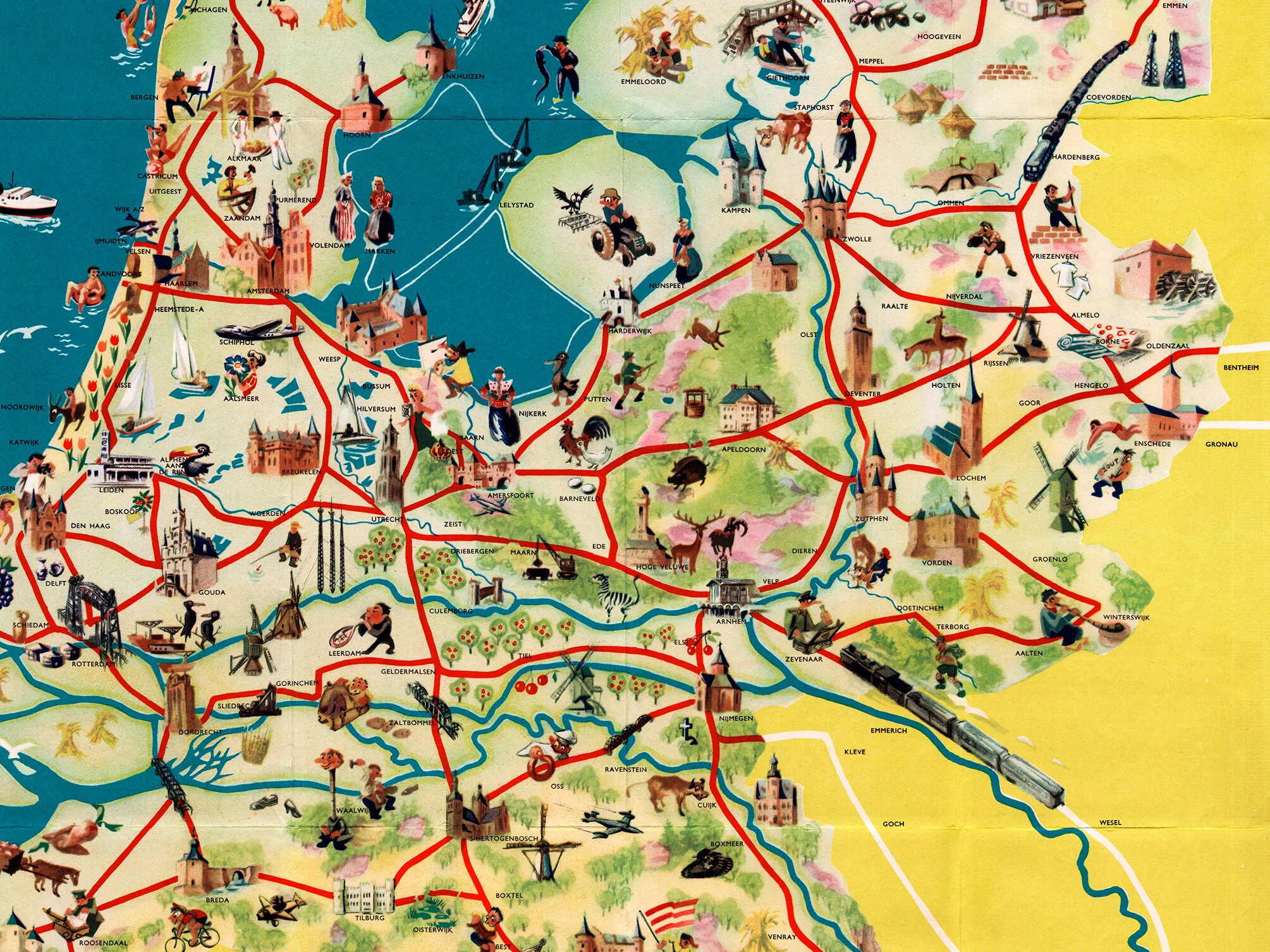 The Netherlands Map Art, Vintage Map of Railways in Holland, Dutch ...