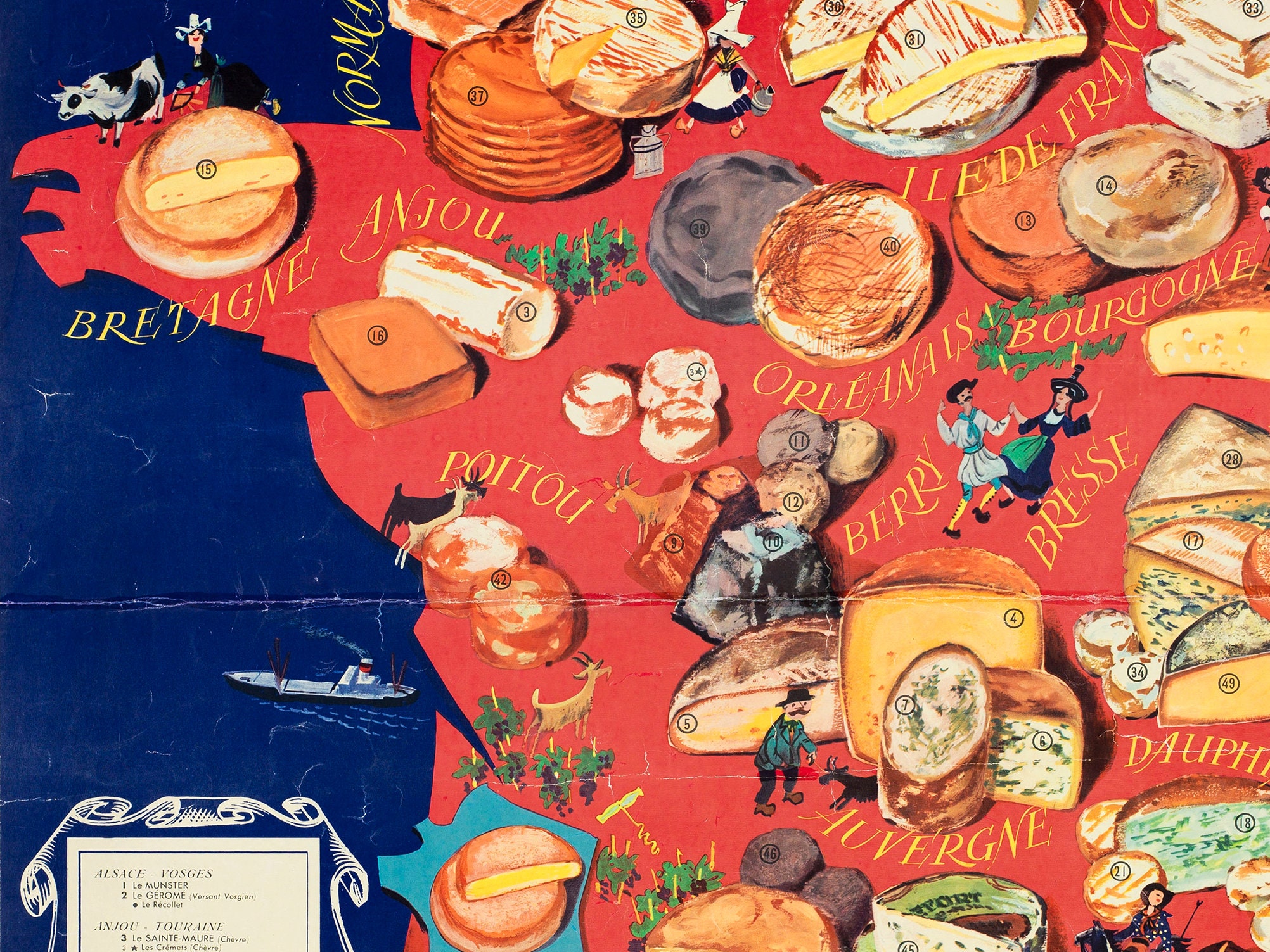 Vintage French Cheese Map, Cheeses of France, France Cheese Poster ...
