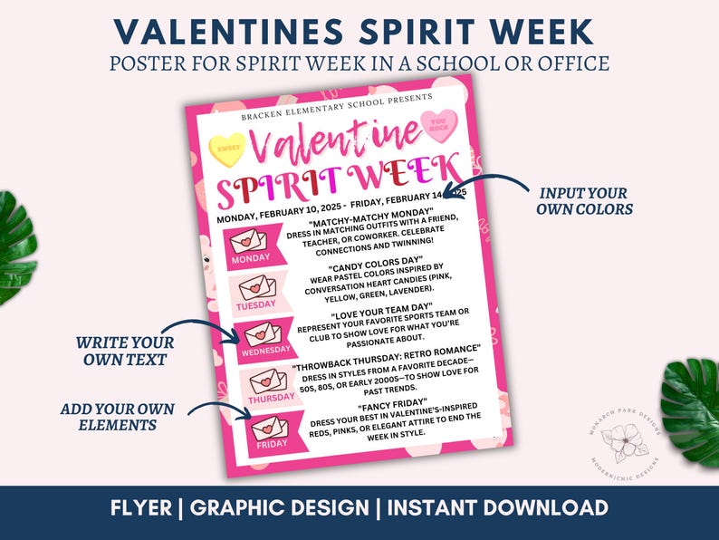 Editable Valentine Spirit Week Template, Spirit Week Schedule, February ...
