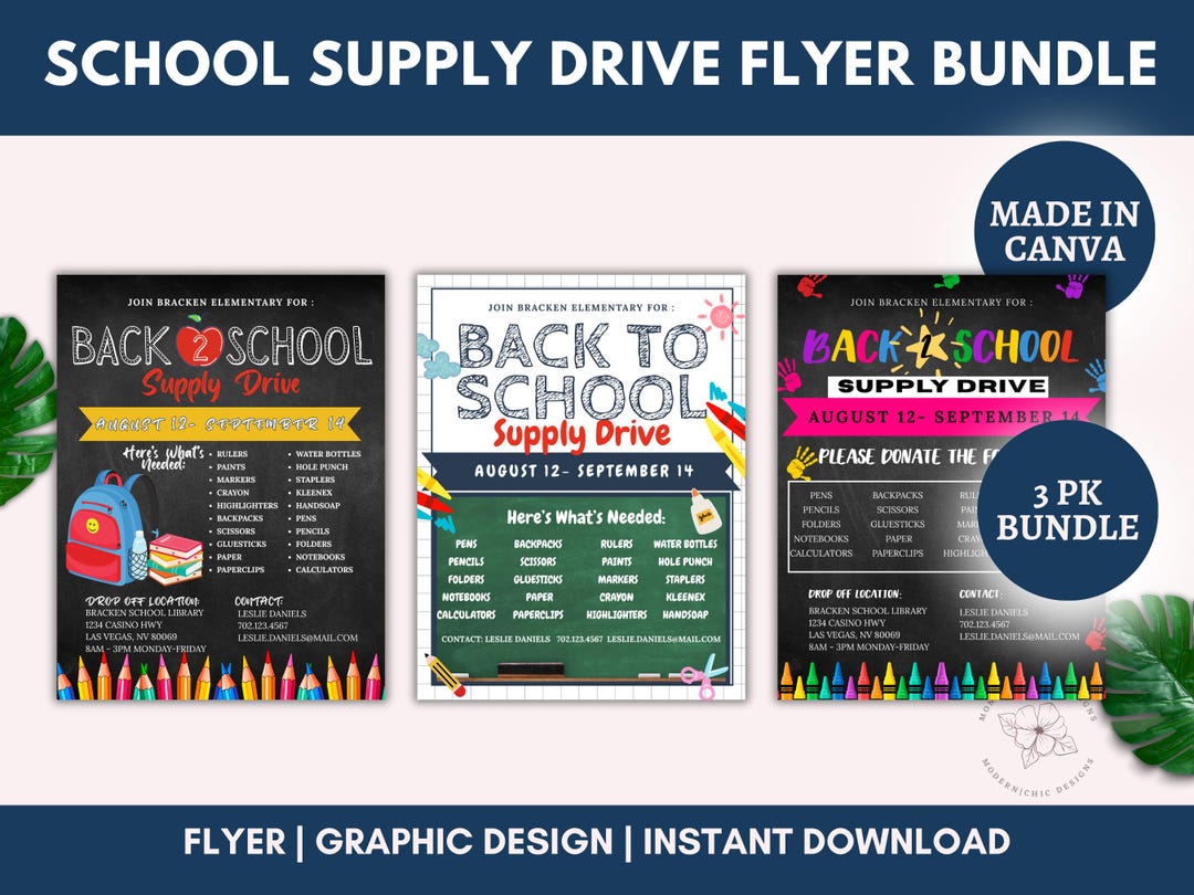 Chalkboard School Supply Drive Flyer Bundle – 3 Editable Canva ...