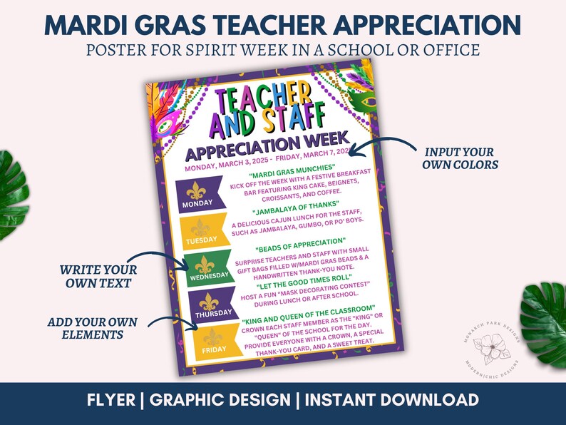 Editable Mardi Gras Teacher and Staff Appreciation Week Itinerary ...