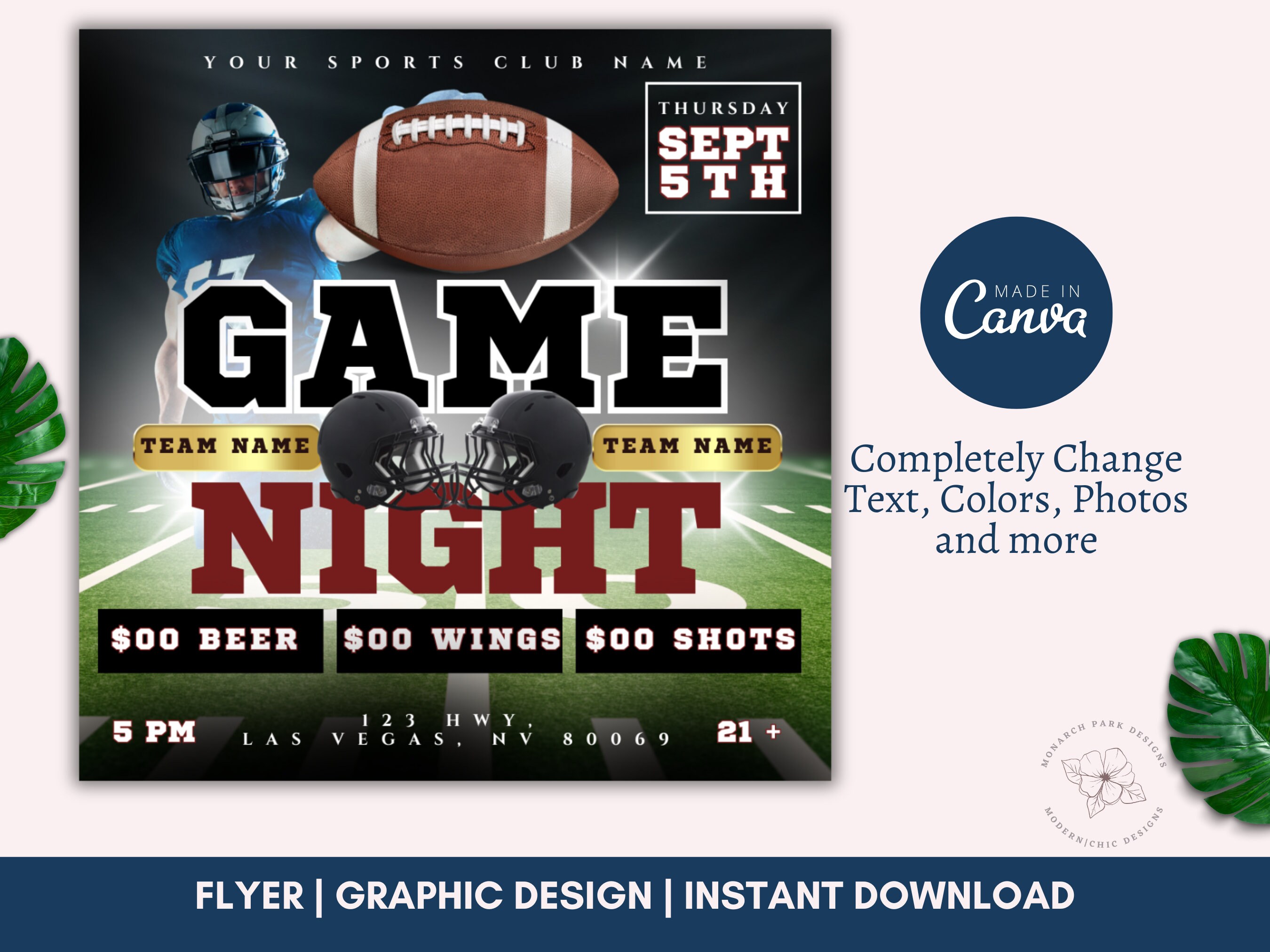 Editable Football Game Night Flyer: Bar & Lounge Event (canva Template ...