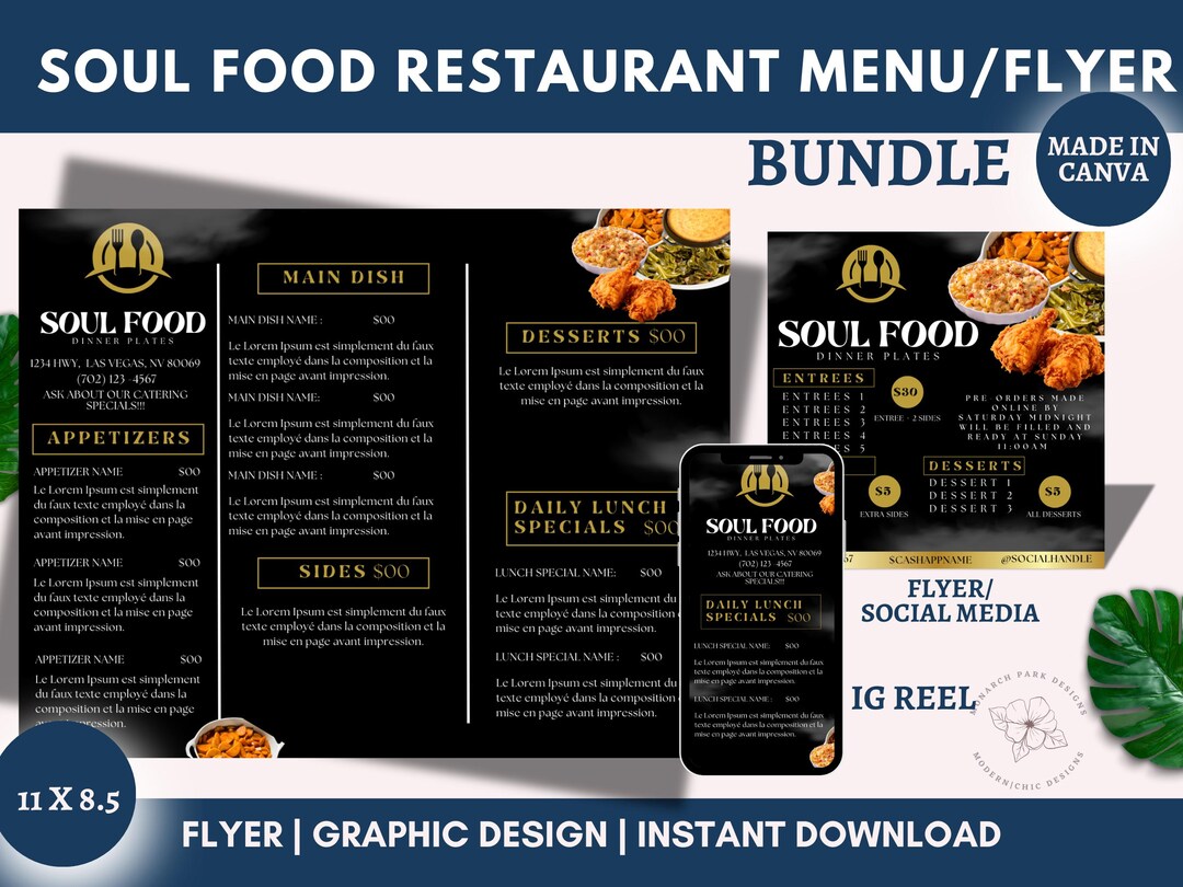Editable Soul Food Restaurant Menu, Restaurant Marketing, Today's ...