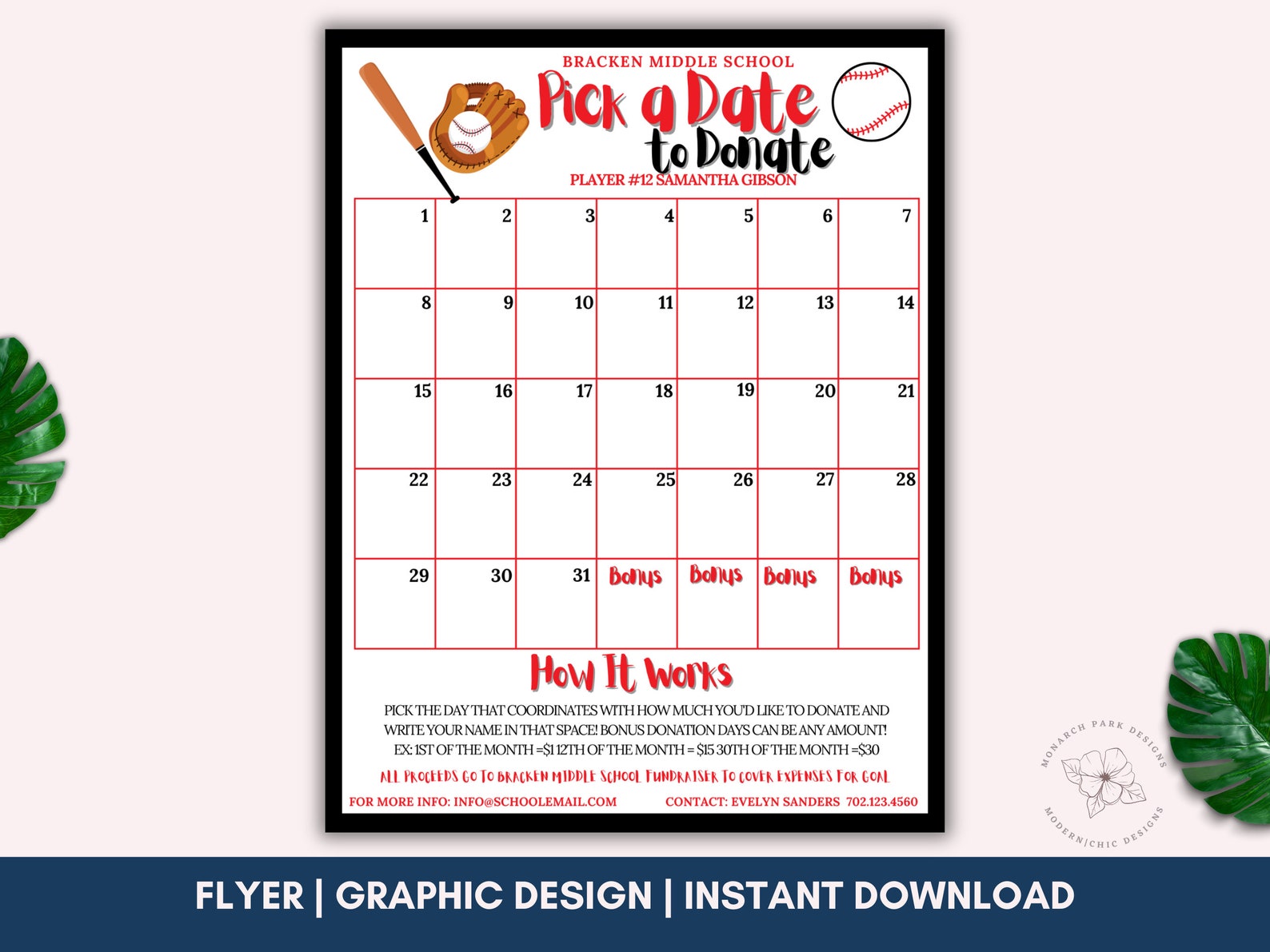 Baseball Fundraiser Calendar Canva, Baseball Pick a Date to Donate ...