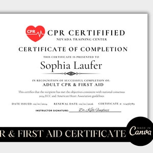Editable CPR First Aid Certificate Template: Training Award (edit in ...