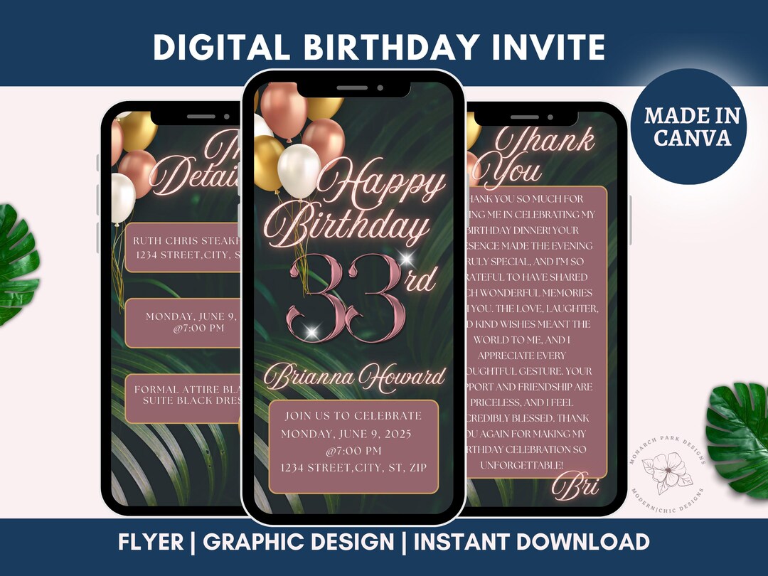33rd Birthday Party Invitation, Rose Gold Digital 33rd Glam Dinner ...