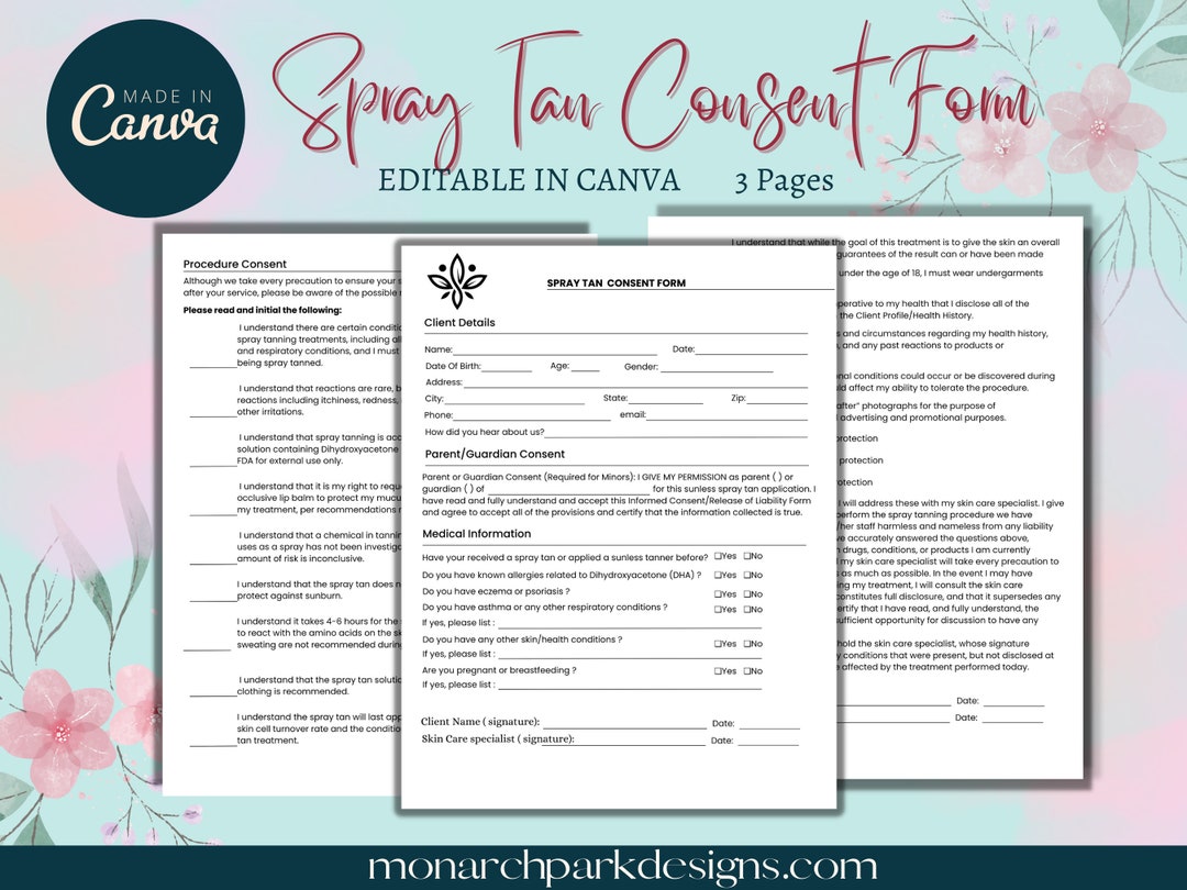Spray Tan Consent Form, Esthetician Forms, Salon Forms, UV Tanning ...