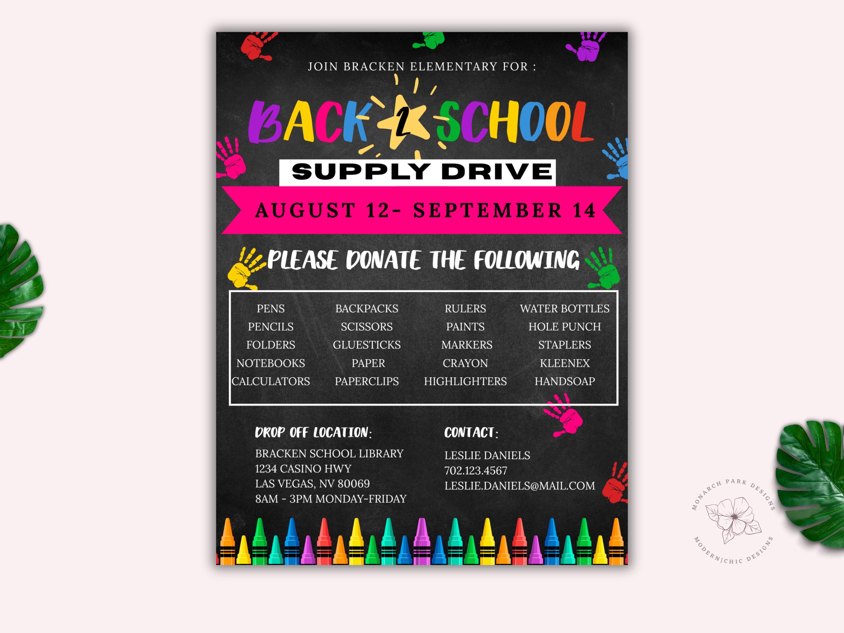 School Supply Drive Flyer: Editable Chalkboard PTA/PTO Template (canva ...