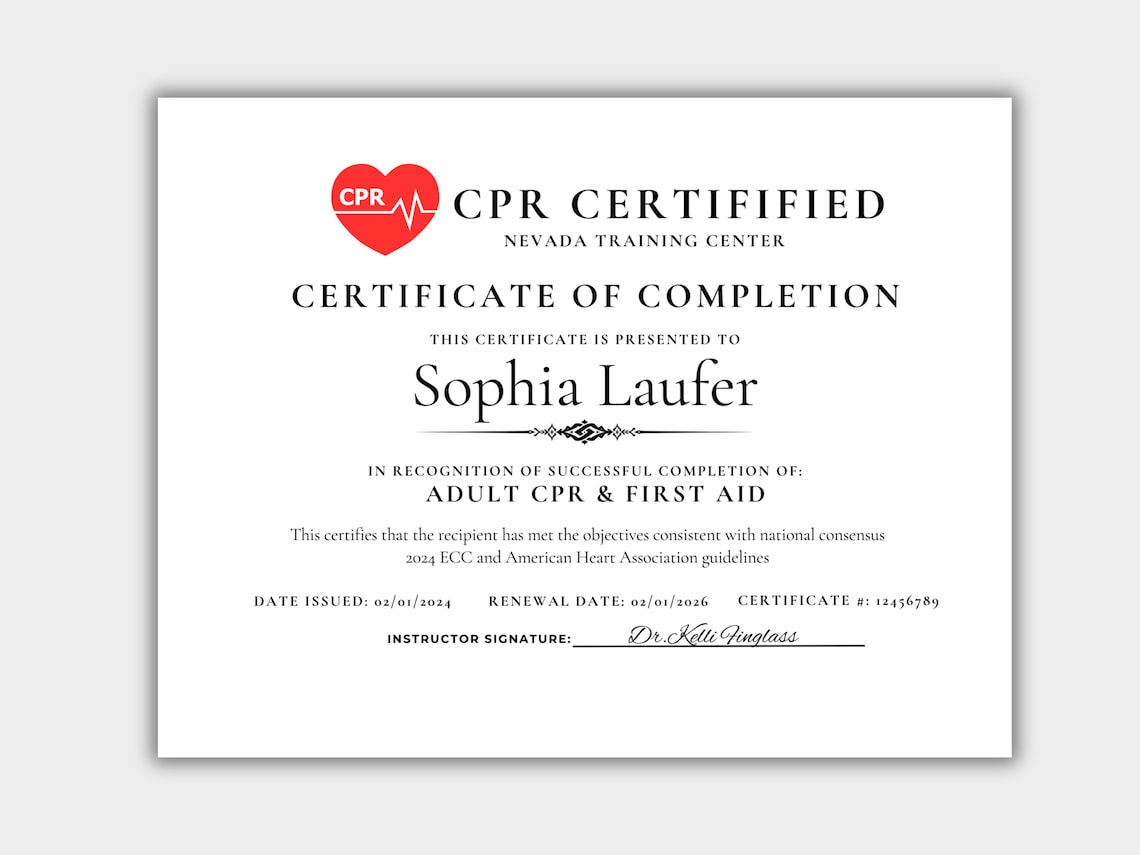 CPR Certificate of Completion, First Aid Certificate Template, Editable ...