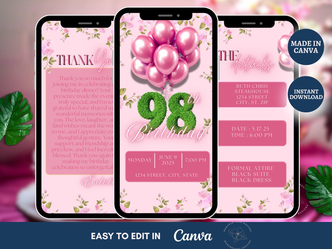 98th Birthday Party Invitation, Pink Floral Digital 98th Glam Dinner ...