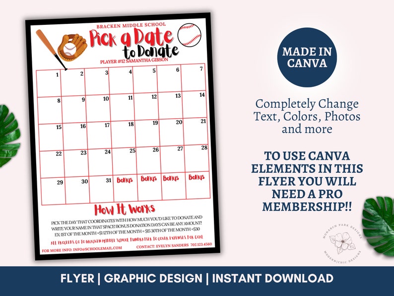 Baseball Fundraiser Calendar Canva, Baseball Pick a Date to Donate ...