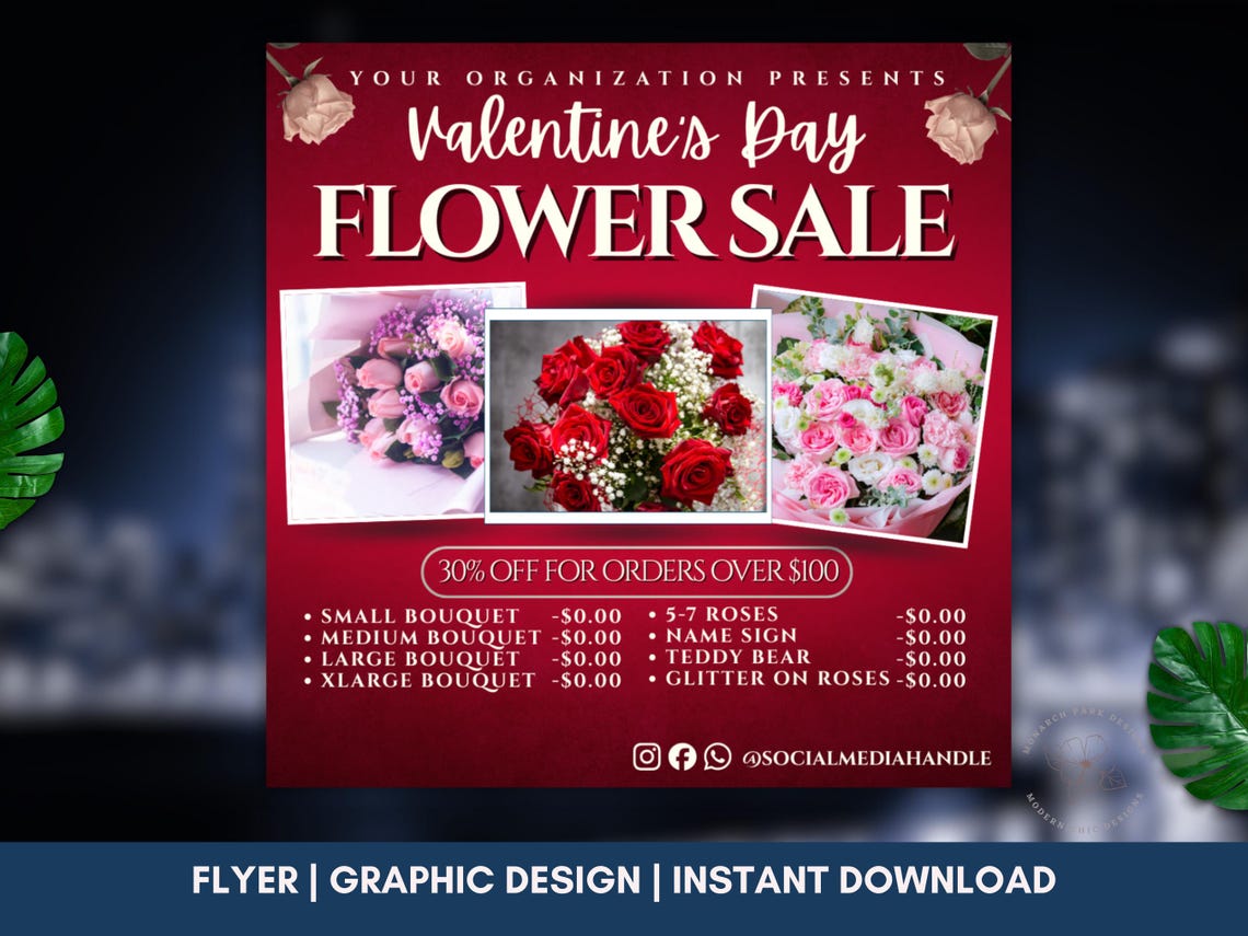 Valentine’s Day Flower Sale Flyer Template, Florist Valentine Bouquet ...
