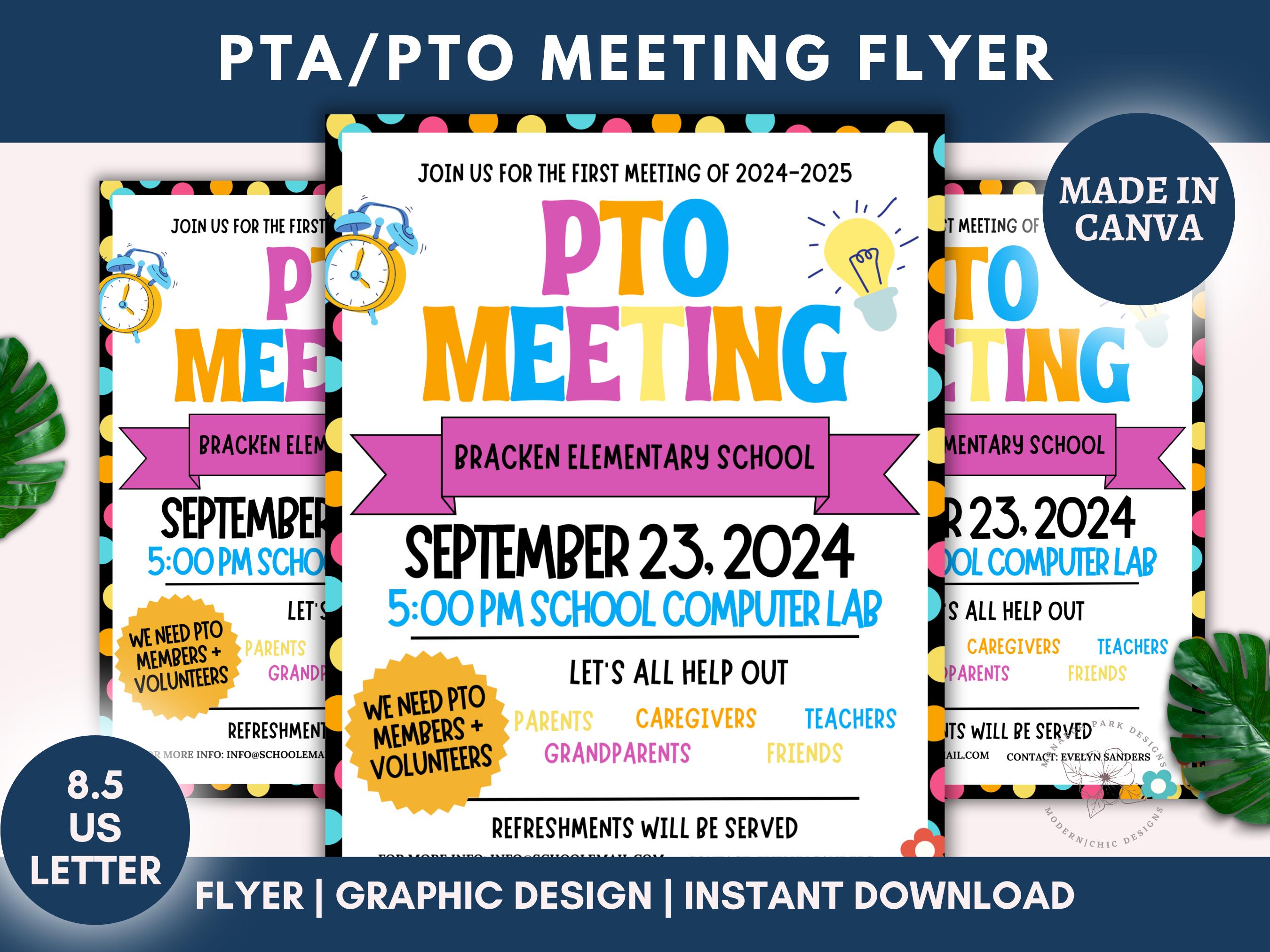 EDITABLE PTO PTA Meeting Informational Flyer, Printable Handout, School ...
