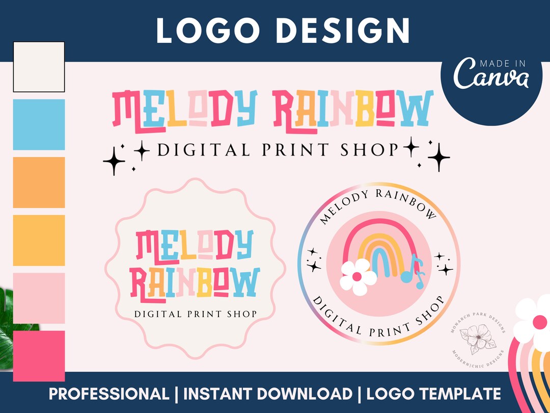 Editable Rainbow Logo Canva Template Kit, DIY Fun Colorful Boho Logo ...
