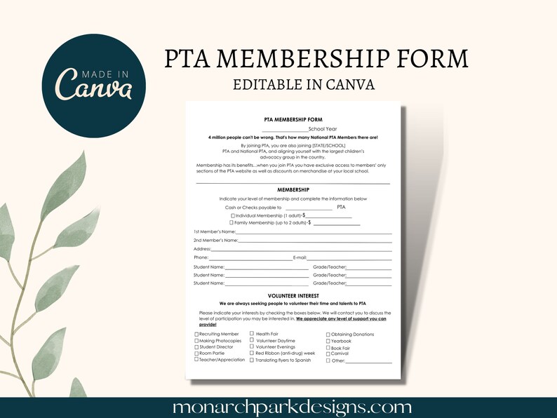 PTA Membership Form Editable PTA PTO Forms Edit in Canva - Etsy
