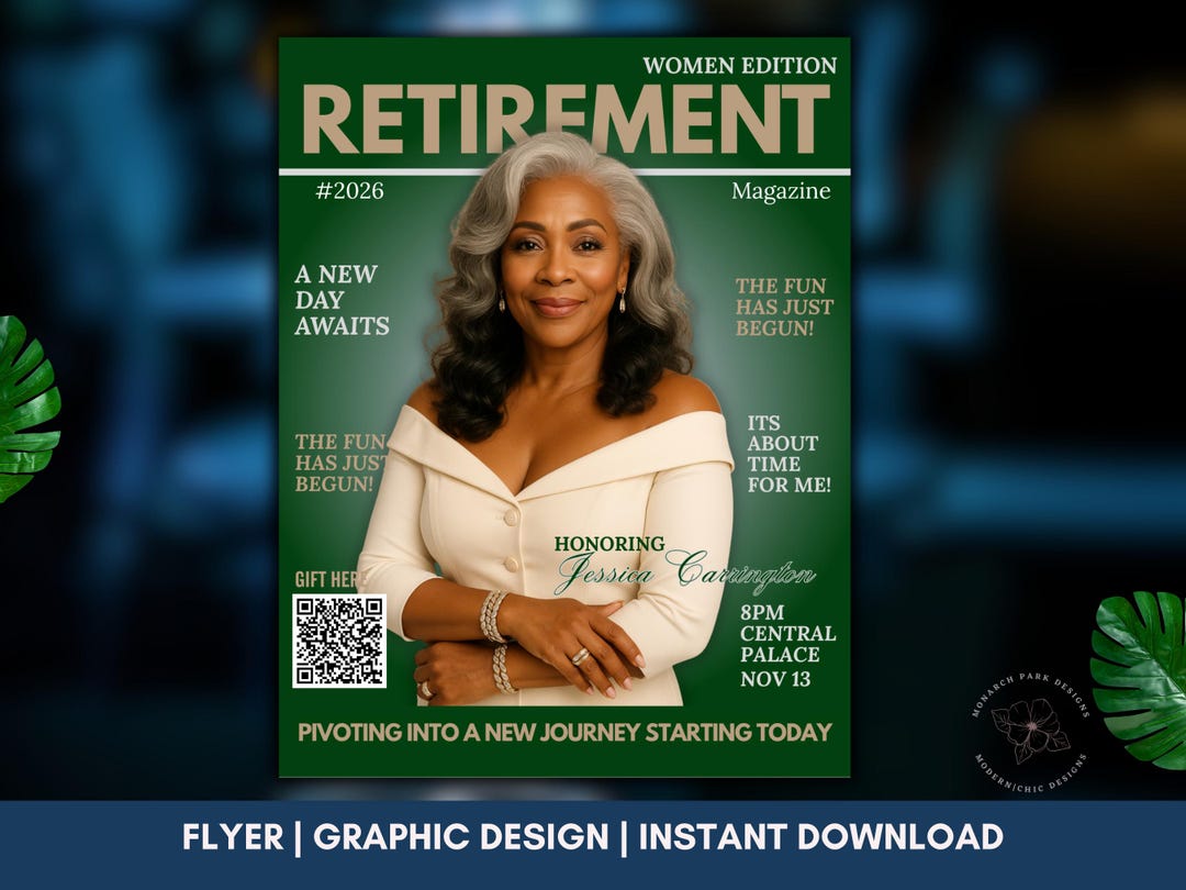Editable Women’s Retirement Magazine Flyer, Canva Invitation Template ...
