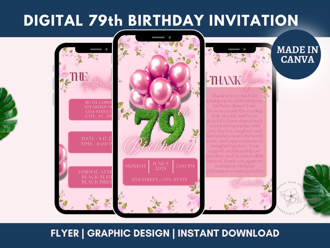 79th Birthday Party Invitation, Pink Floral Digital 79th Glam Dinner ...