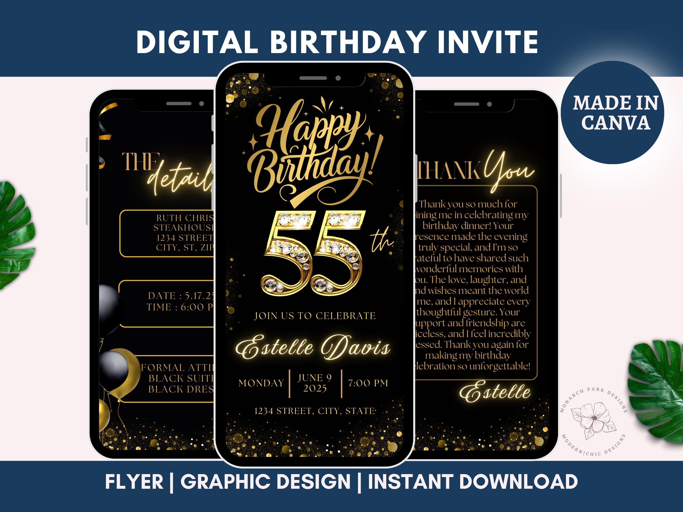 55th Birthday Party Invitation, Black Gold Digital 55th Glam Dinner ...