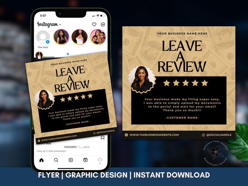 Leave a Review Flyer, Black Gold Tax Business Canva Template (digital ...