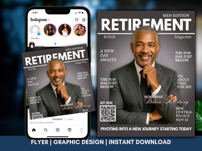 Men's Retirement Magazine Flyer Template, Canva Invitation (digital ...