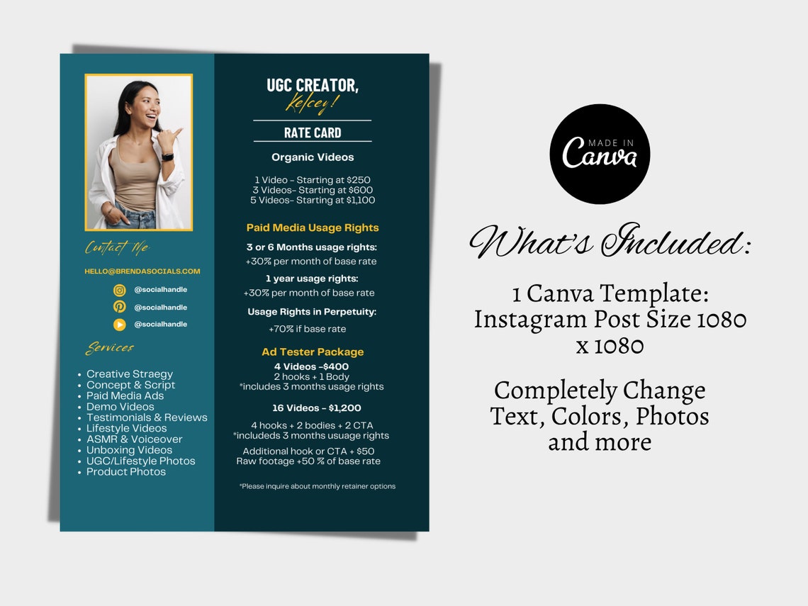 UGC Rate Card, Influencer Media Card, Rate Sheet Template, UGC ...