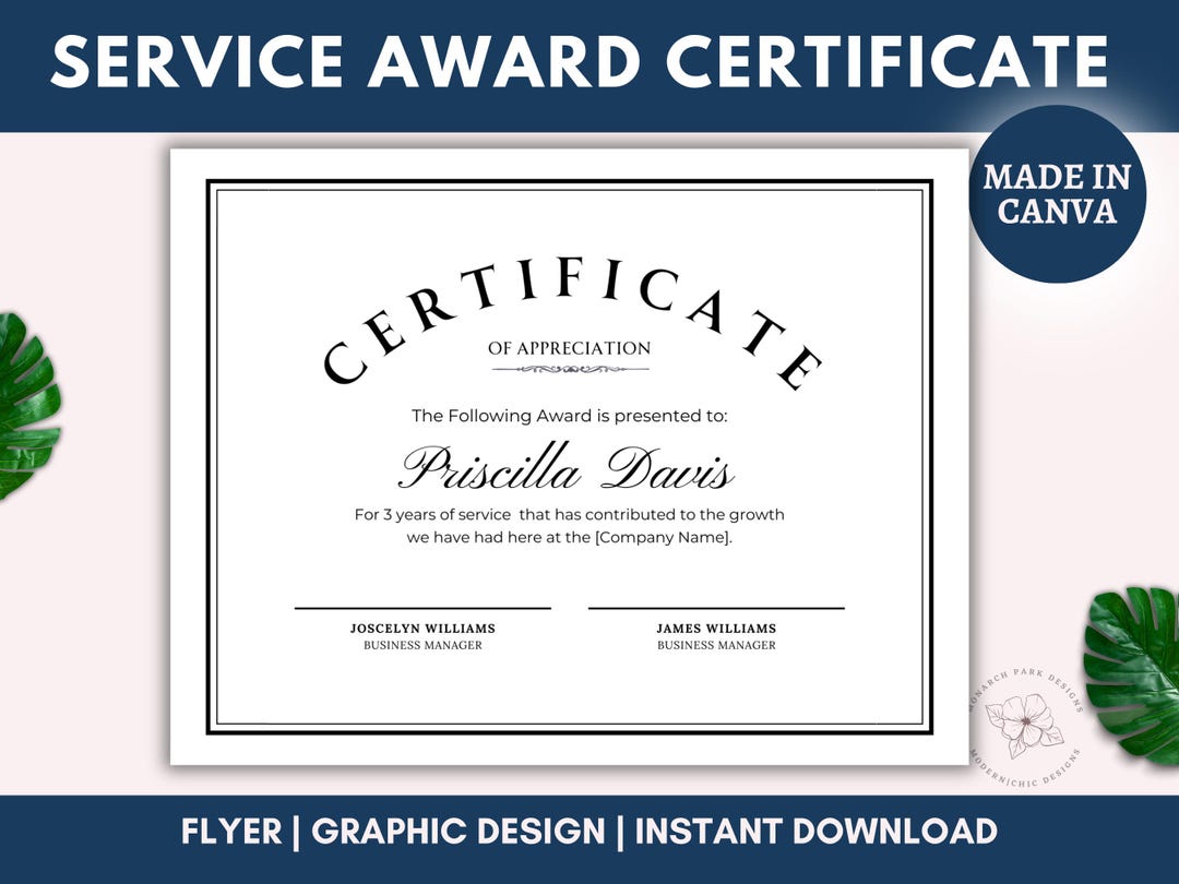 Editable Years of Service Award Certificate, Employee Work Anniversary ...