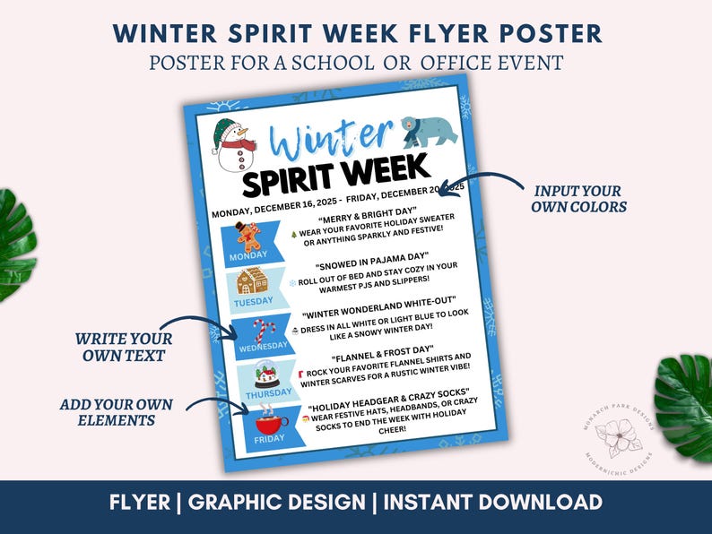 Winter Spirit Week Flyer, Holiday Schedule, School Event Planner (canva ...