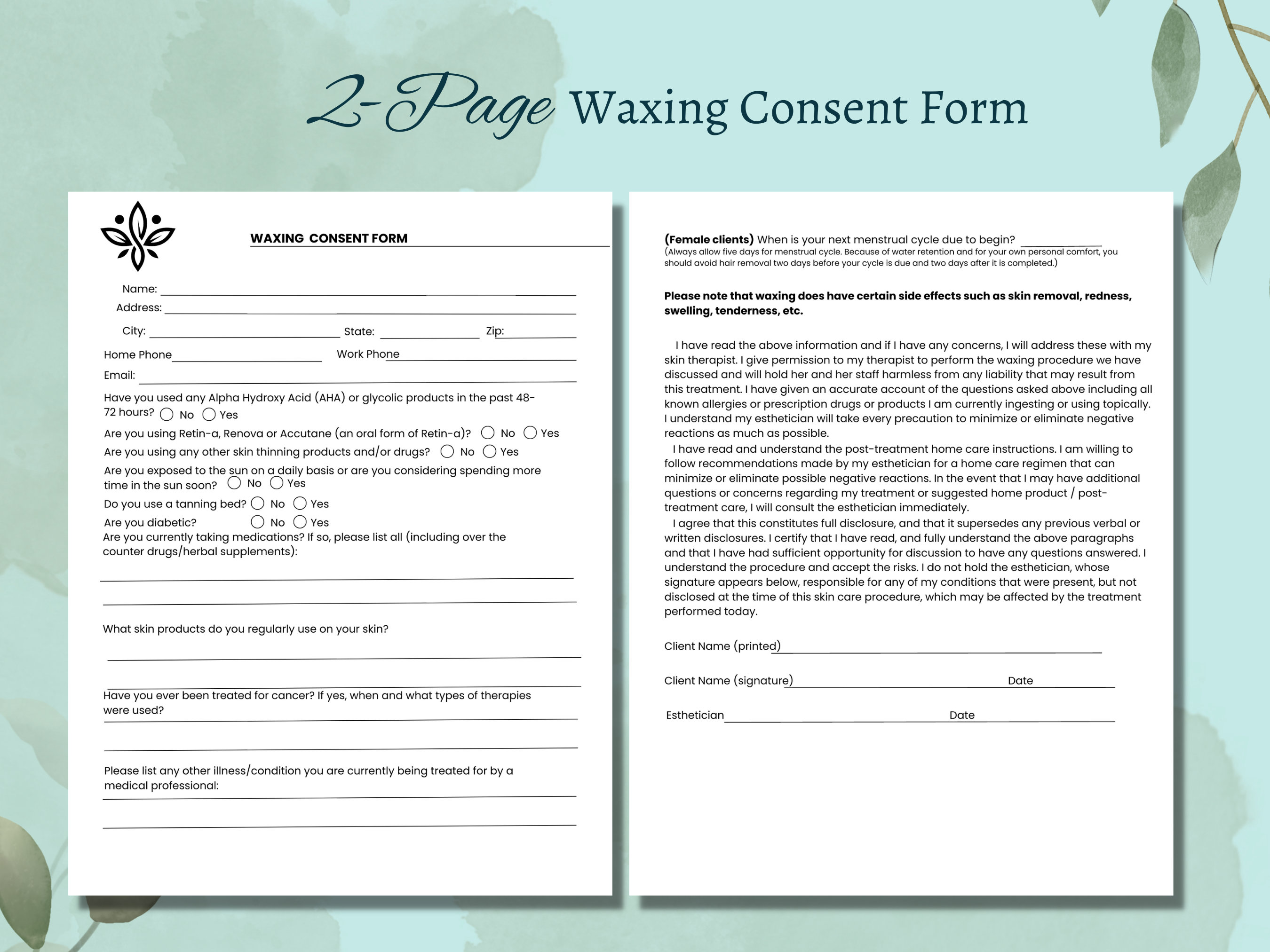 Waxing Consent Form, Editable Esthetician Forms, Esthetician Template ...