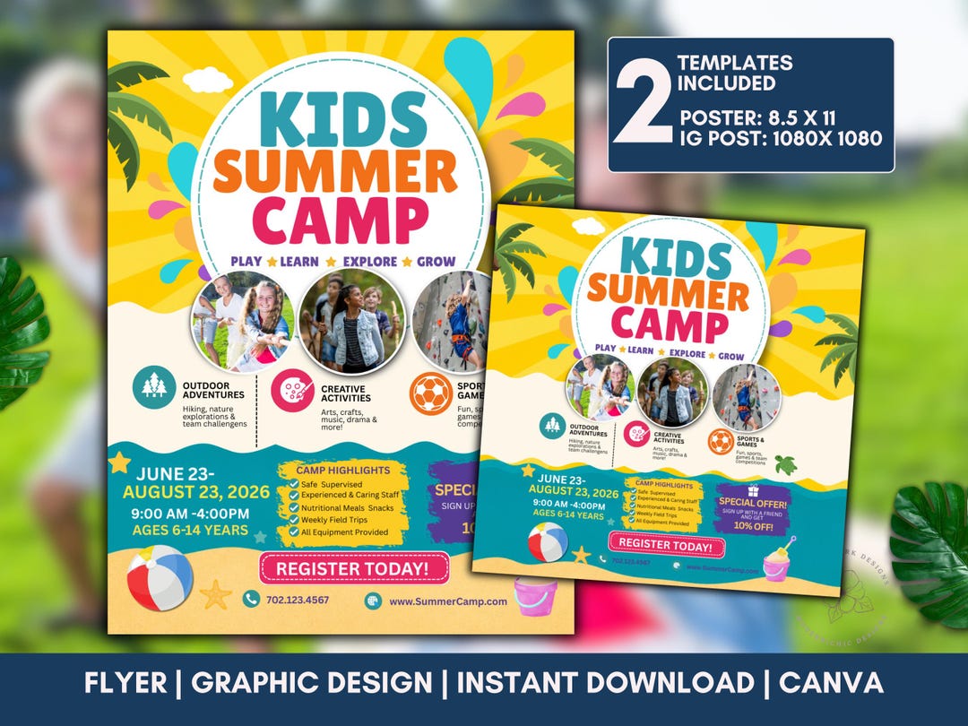 Kids Summer Camp Flyer and Instagram Template Bundle (8.5x11, 1080x1080 ...