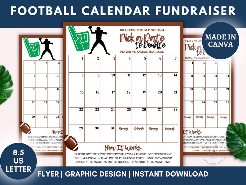 Football Fundraiser Calendar, Football Pick a Date to Donate Printable ...