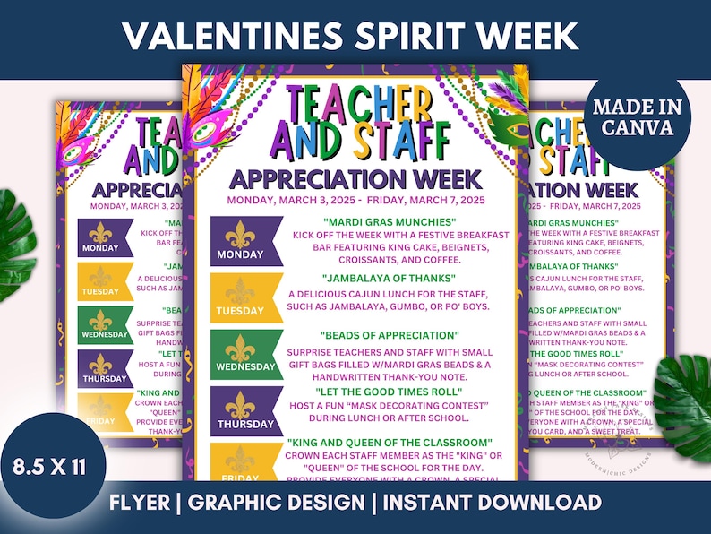 Editable Mardi Gras Teacher and Staff Appreciation Week Itinerary ...