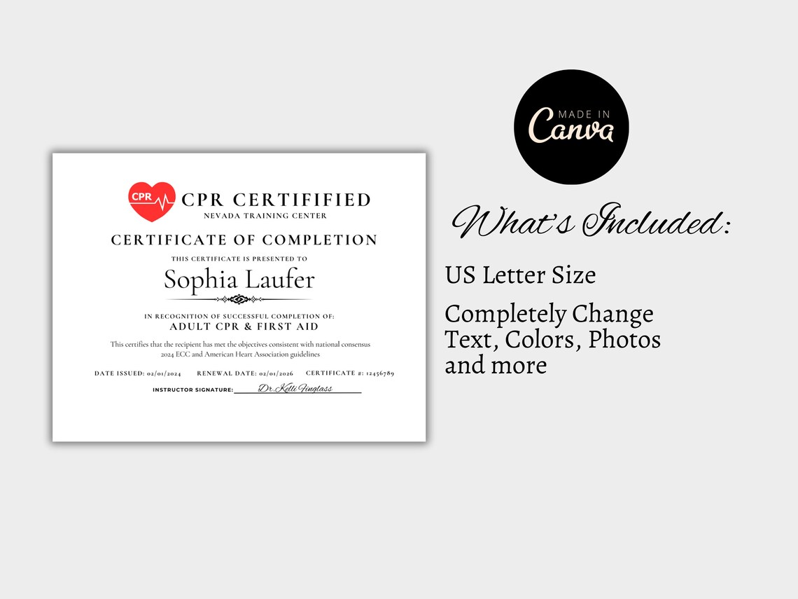 CPR Certificate of Completion, First Aid Certificate Template, Editable ...