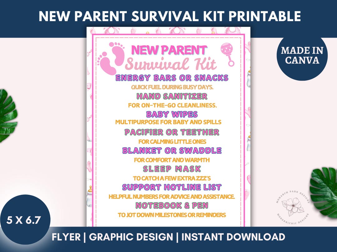 EDITABLE New Parent Survival Kit, Baby Shower Basket, Pink, Baby Shower ...