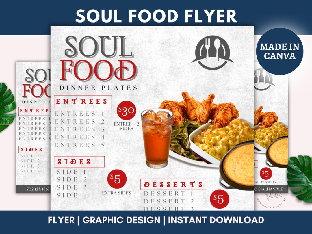 Editable Soul Food Flyer: Restaurant Menu Template (canva Edit) - Etsy