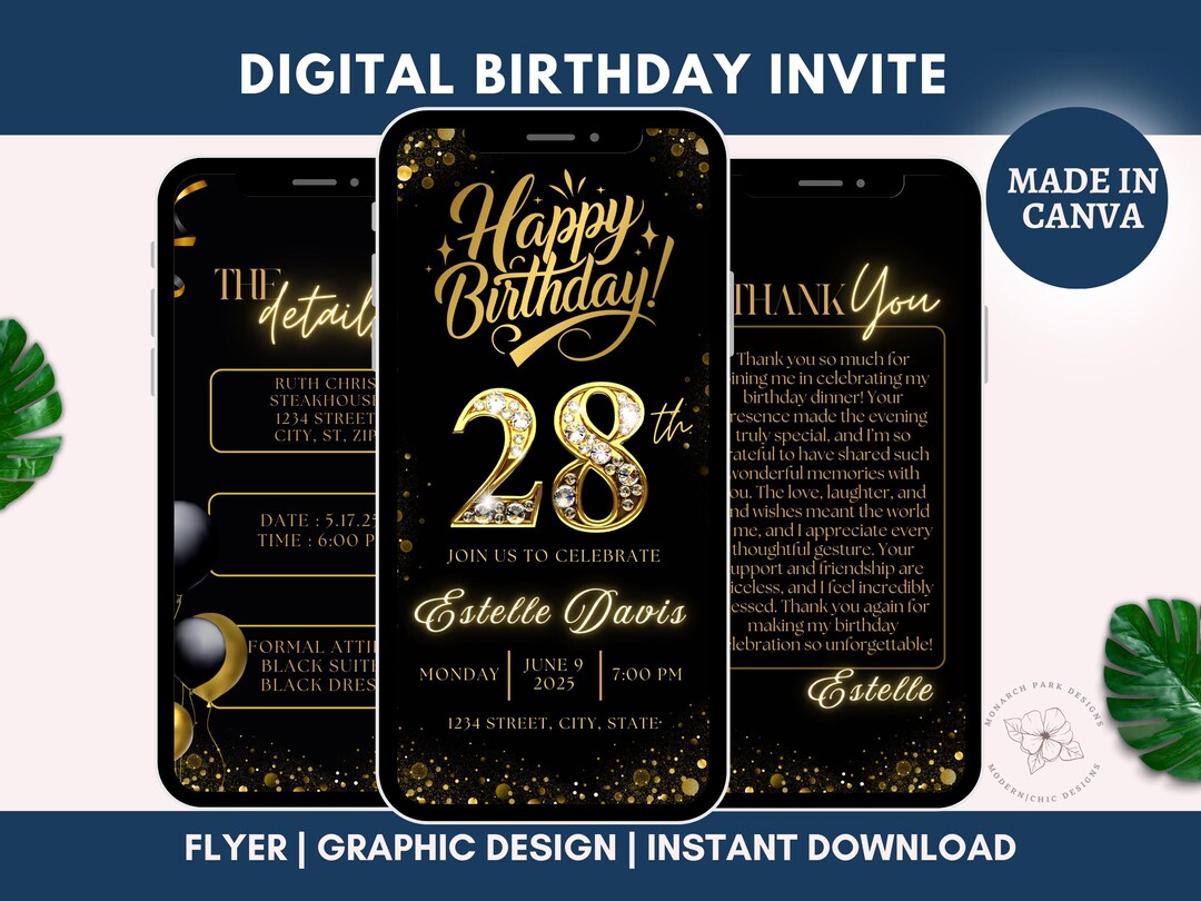 28th Birthday Party Invitation, Black Gold Digital 28th Glam Dinner Invite Template, 28th Invite ...