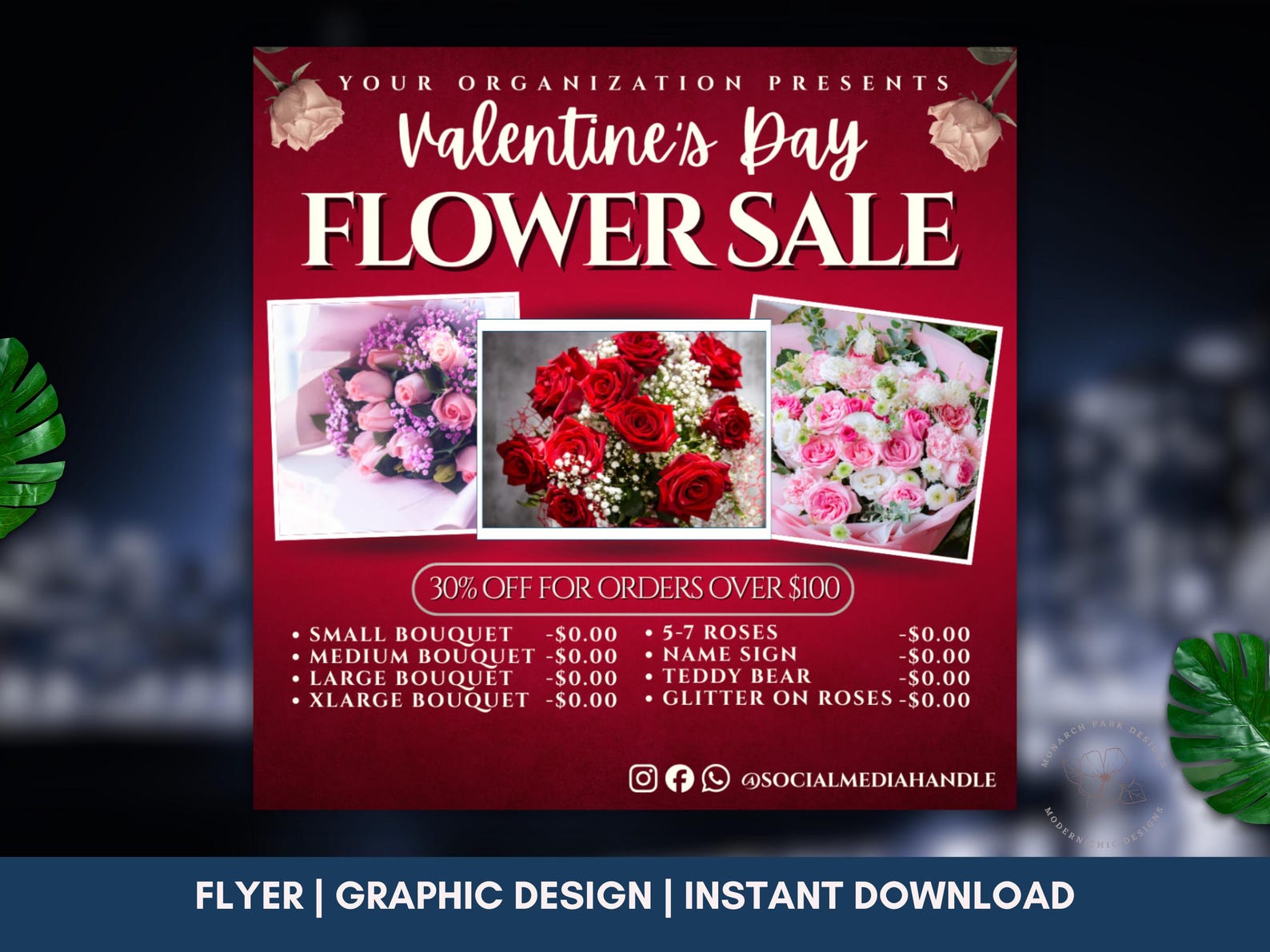 Valentine’s Day Flower Sale Flyer Template, Florist Valentine Bouquet ...
